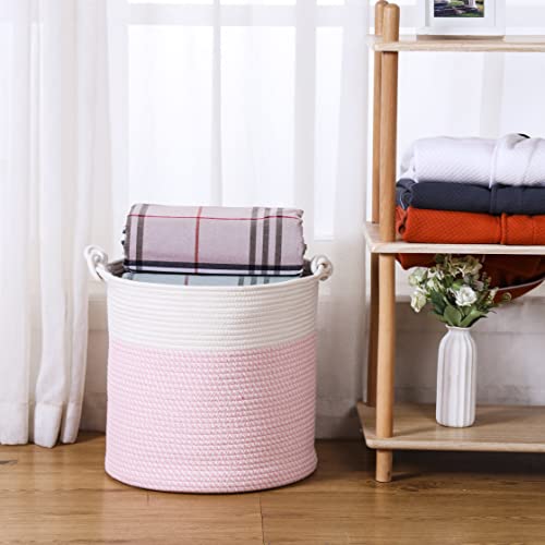 Pink Storage Basket, Woven Cotton Rope Basket 15" x 15" x 13.8" Laundry Hamper Blanket Basket with Handle for Baby Girl Toy Cloth Organizing