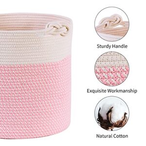 Pink Storage Basket, Woven Cotton Rope Basket 15" x 15" x 13.8" Laundry Hamper Blanket Basket with Handle for Baby Girl Toy Cloth Organizing