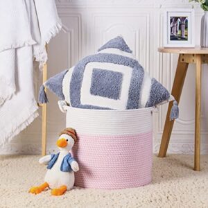 Pink Storage Basket, Woven Cotton Rope Basket 15" x 15" x 13.8" Laundry Hamper Blanket Basket with Handle for Baby Girl Toy Cloth Organizing