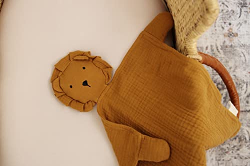 Marlowe & Co Organic Cotton Muslin Lion Lovey Blanket, Organic Cotton Muslin Lion Security Blanket (Toffee)