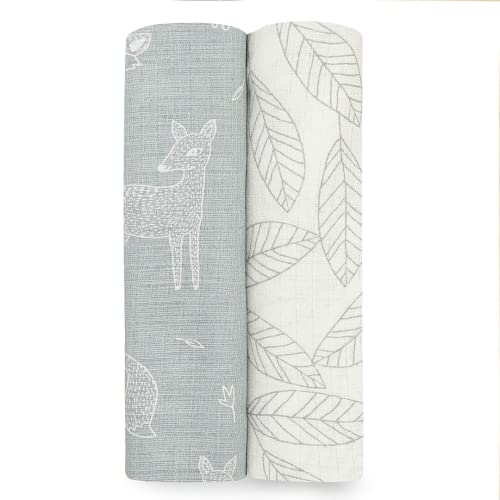 aden + anais Essentials Silky Soft Swaddle Baby Blanket, 100% Cotton Bamboo Muslin, Large 44 X 44 inch, 2 Pack, Woodsy - Grey