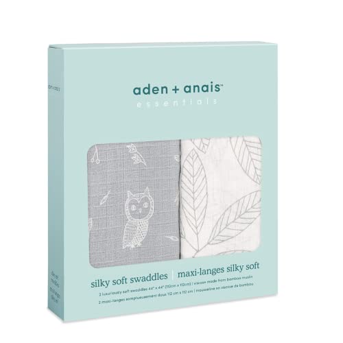 aden + anais Essentials Silky Soft Swaddle Baby Blanket, 100% Cotton Bamboo Muslin, Large 44 X 44 inch, 2 Pack, Woodsy - Grey