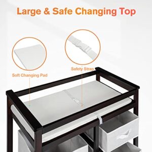 Obbao Changing Table, Baby Changing Table, Changing Table with Hamper, 3 Storage Baskets Drawers, Safety Strap and Removable Pad, Brown