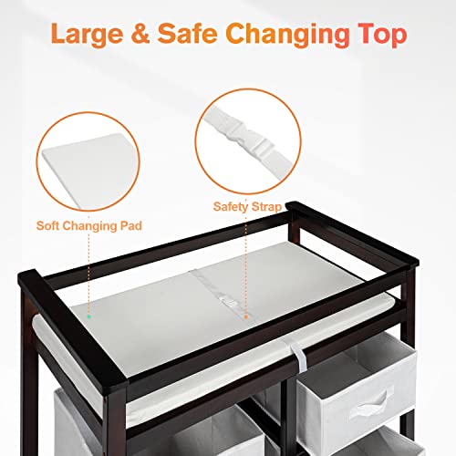 Obbao Changing Table, Baby Changing Table, Changing Table with Hamper, 3 Storage Baskets Drawers, Safety Strap and Removable Pad, Brown