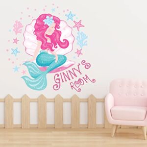 Kyle Cornhole Little Mermaid Wall Decal Decor for Girls Bedroom - Large Tail Stickers Room Custom Name Pink Art Nursery KA1697, Green,Pink