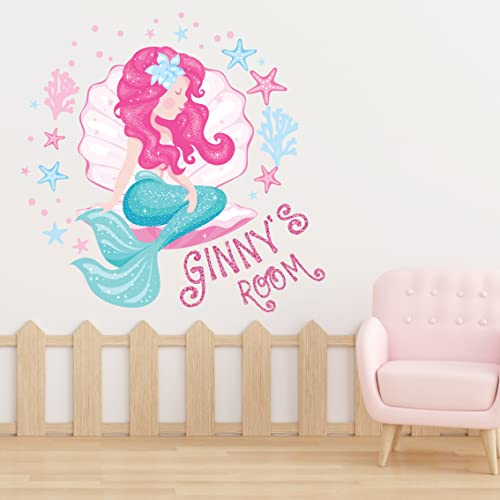 Kyle Cornhole Little Mermaid Wall Decal Decor for Girls Bedroom - Large Tail Stickers Room Custom Name Pink Art Nursery KA1697, Green,Pink