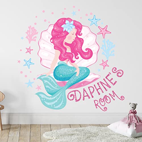 Kyle Cornhole Little Mermaid Wall Decal Decor for Girls Bedroom - Large Tail Stickers Room Custom Name Pink Art Nursery KA1697, Green,Pink