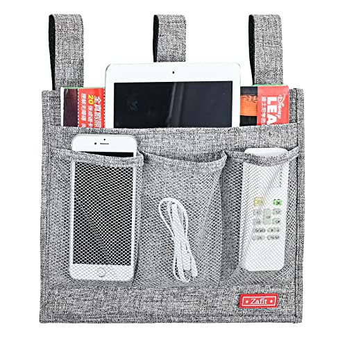 Zafit Linen Bedside Caddy, Bedside Storage Organizer for Hospital Beds, College Dorm Rooms or Baby Bed (Classic 4 Pockets Grey)