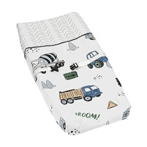 sweet jojo designs construction truck boy baby nursery changing pad cover - grey yellow black blue and green transportation chevron arrow