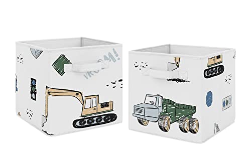 Sweet Jojo Designs Construction Truck Foldable Fabric Storage Cube Bins Boxes Organizer Toys Kids Baby Childrens - Set of 2 - Grey Yellow Black Blue and Green Transportation