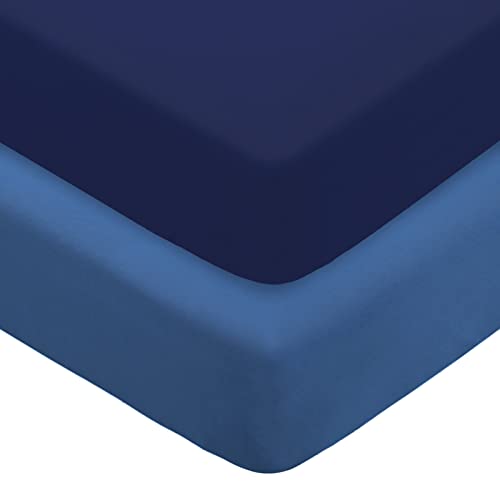 POSENPRO 2 Pack Microfiber Fitted Crib Sheets for Baby Boys Girls, Cozy & Soft Solid Color Toddler Bed Sheets for Standard Crib and Toddler Mattresses, 28"x52"x8", Navy Blue & Stone Blue