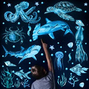 4 pieces glow in the dark ocean wall decals under the sea wall decals fish wall decals pvc sea animals wall stickers for kids room living room nursery bathroom decoration