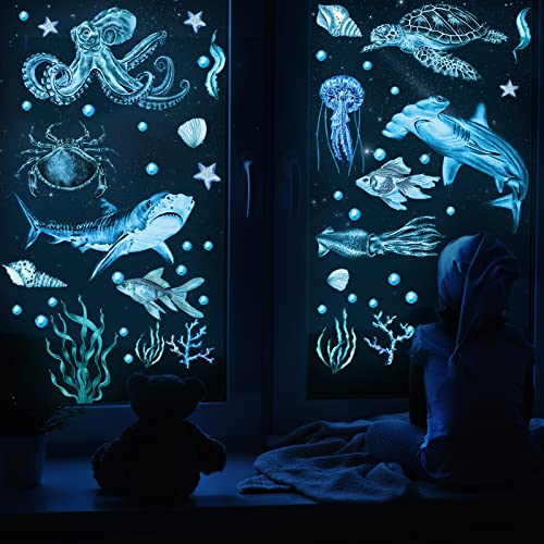 4 Pieces Glow in The Dark Ocean Wall Decals Under The Sea Wall Decals Fish Wall Decals PVC Sea Animals Wall Stickers for Kids Room Living Room Nursery Bathroom Decoration