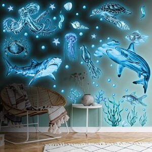 4 Pieces Glow in The Dark Ocean Wall Decals Under The Sea Wall Decals Fish Wall Decals PVC Sea Animals Wall Stickers for Kids Room Living Room Nursery Bathroom Decoration