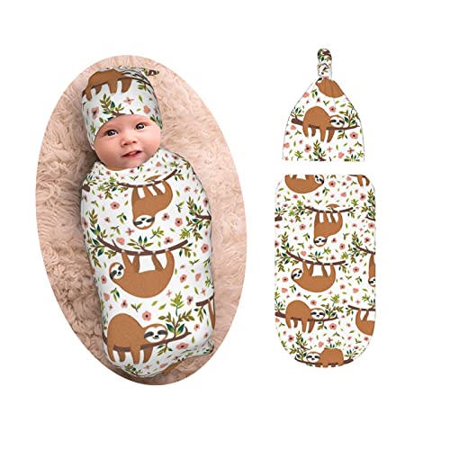 Cute Sloth Newborn Swaddle Blanket and Hat Set Boy Girl, Soft Stretchy Baby Receiving Blanket Sleep Sack for Infants Gift