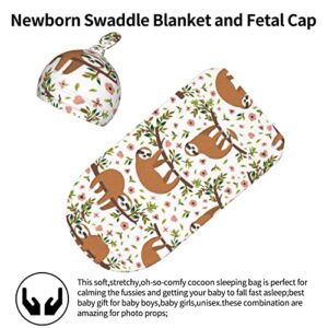 Cute Sloth Newborn Swaddle Blanket and Hat Set Boy Girl, Soft Stretchy Baby Receiving Blanket Sleep Sack for Infants Gift