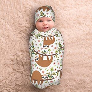 Cute Sloth Newborn Swaddle Blanket and Hat Set Boy Girl, Soft Stretchy Baby Receiving Blanket Sleep Sack for Infants Gift