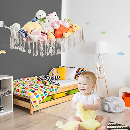 Wumimi Stuffed Animal Toy Hammock Macrame, Boho Toy Net Hammock for Stuffed Animals, Stuffed Animal Net Storage, Corner Hammock Organizer Display Holder Net for Nursery, Play Room, Kids Bedroom