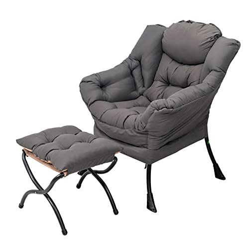 Welnow Lazy Chair with Ottoman, Modern Lounge Accent Chair with Armrests and a Side Pocket, Leisure Upholstered Sofa Chair Set, Reading Chair with Footrest for Small Space, Corner Chair, Dark Grey