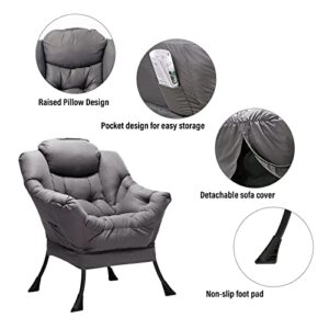 Welnow Lazy Chair with Ottoman, Modern Lounge Accent Chair with Armrests and a Side Pocket, Leisure Upholstered Sofa Chair Set, Reading Chair with Footrest for Small Space, Corner Chair, Dark Grey