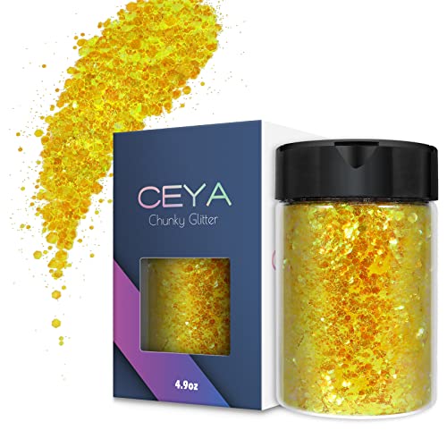 Ceya Chunky Glitter, 4.9oz/ 140g Lemon Yellow Craft Glitter Powder Mixed Fine Flakes Iridescent Nail Sequins for Nail Art, Hair, Epoxy Resin, Tumblers, Slime, Painting, Festival Decor