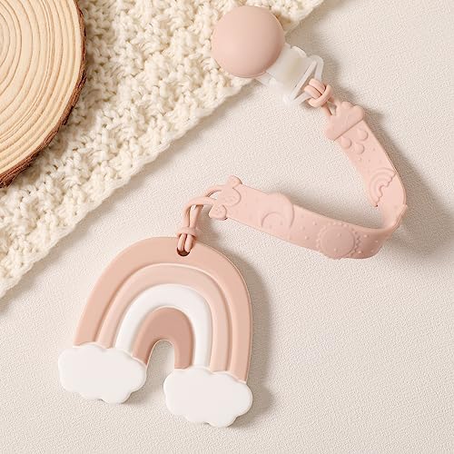 Baby Silicone Pacifier Clip with One Piece Binky Clip Holder Silicone Teether Pacifier Strap with Clip Baby Teether Toys for Boys and Girls Set of 2 BPA Free-Blush