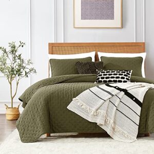 green king size quilt bedding sets with pillow shams, olive lightweight soft bedspread coverlet, sage quilted blanket thin comforter bed cover, all season summer spring, 3 pieces, 104x90 inches