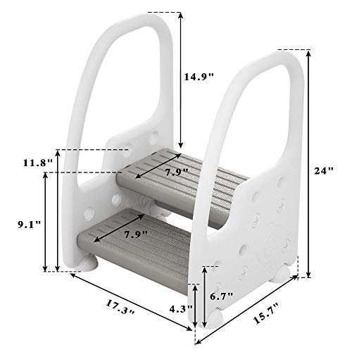 Toddler Step Stool for Bathroom Sink, Kid’s Step Ladder, Toddler Two-Step Stool with Handrails and Height Adjustable Steps for Reaching Bathroom Sink, Toilet Potty Training (Gray, Height Adjustable)