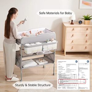 Baby Changing Table Portable Adjustable Changing Station for Tall, Foldable Diaper Changing Tables, Easy Clean Changing Table Topper, Large Storage Cholena Changing Station for Nursery, Cationic Grey