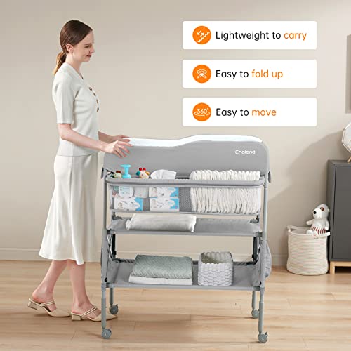 Baby Changing Table Portable Adjustable Changing Station for Tall, Foldable Diaper Changing Tables, Easy Clean Changing Table Topper, Large Storage Cholena Changing Station for Nursery, Cationic Grey