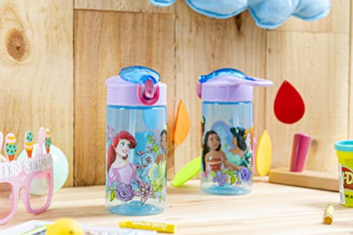 Zak Designs Kids Durable Plastic Spout Cover and Built-in Carrying Loop, Leak-Proof Water Design for Travel, (16oz, 2pc Set), Disney Princess