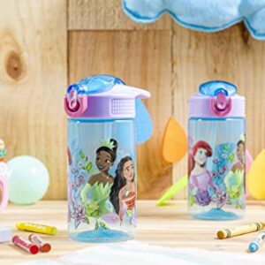 Zak Designs Kids Durable Plastic Spout Cover and Built-in Carrying Loop, Leak-Proof Water Design for Travel, (16oz, 2pc Set), Disney Princess