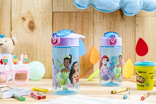 Zak Designs Kids Durable Plastic Spout Cover and Built-in Carrying Loop, Leak-Proof Water Design for Travel, (16oz, 2pc Set), Disney Princess