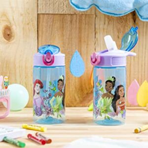 Zak Designs Kids Durable Plastic Spout Cover and Built-in Carrying Loop, Leak-Proof Water Design for Travel, (16oz, 2pc Set), Disney Princess