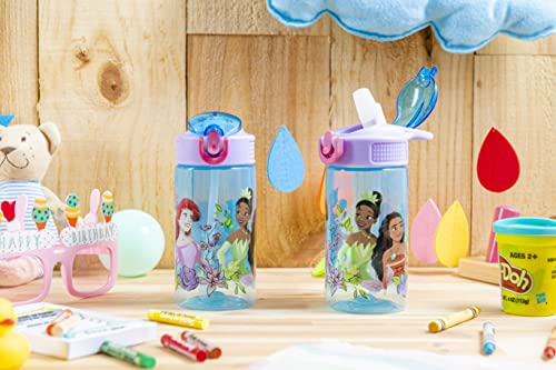 Zak Designs Kids Durable Plastic Spout Cover and Built-in Carrying Loop, Leak-Proof Water Design for Travel, (16oz, 2pc Set), Disney Princess