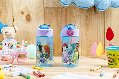 Zak Designs Kids Durable Plastic Spout Cover and Built-in Carrying Loop, Leak-Proof Water Design for Travel, (16oz, 2pc Set), Disney Princess