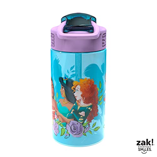 Zak Designs Kids Durable Plastic Spout Cover and Built-in Carrying Loop, Leak-Proof Water Design for Travel, (16oz, 2pc Set), Disney Princess