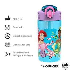 Zak Designs Kids Durable Plastic Spout Cover and Built-in Carrying Loop, Leak-Proof Water Design for Travel, (16oz, 2pc Set), Disney Princess