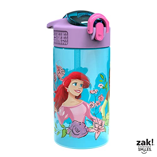 Zak Designs Kids Durable Plastic Spout Cover and Built-in Carrying Loop, Leak-Proof Water Design for Travel, (16oz, 2pc Set), Disney Princess