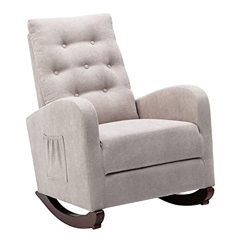 HomVent Rocking Chair Nursery, Indoor Lounge Chair, Comfortable Accent Chair, Nursery Glider Recliner,Modern Rocker Glider Chair with High Back Cushion, Pocketfor for Baby Kids Living Room (Tan)