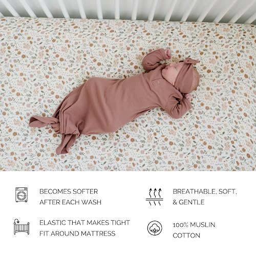 Meadow Floral Muslin Crib Sheet by Mebie Baby, Soft and Breathable Bed Sheets for Babies, Modern Neutral Bedding for Cribs, Standard Crib Mattress Fitted Sheet, Great for Boy or Girl Room or Nursery