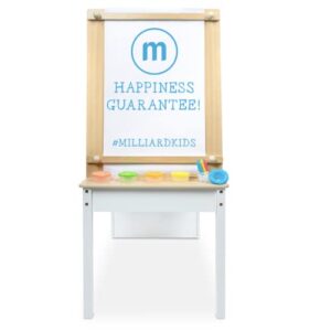 Milliard 2-in-1 Kids Art Table and Art Easel Set with Chairs for Playroom, Toddler Craft and Play Wood Activity Table with Storage Bins and Paper Roll