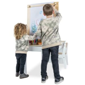 Milliard 2-in-1 Kids Art Table and Art Easel Set with Chairs for Playroom, Toddler Craft and Play Wood Activity Table with Storage Bins and Paper Roll