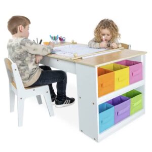 Milliard 2-in-1 Kids Art Table and Art Easel Set with Chairs for Playroom, Toddler Craft and Play Wood Activity Table with Storage Bins and Paper Roll