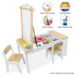 Milliard 2-in-1 Kids Art Table and Art Easel Set with Chairs for Playroom, Toddler Craft and Play Wood Activity Table with Storage Bins and Paper Roll