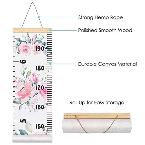 BESSLEE Canvas Kids Growth Chart for Wall, Floral Height Measurement Tracker for Baby Girl, Hanging Ruler with Removable Hook, Nursery Room Playroom Toddler Bedroom Decor, 79”x7.9” Pink