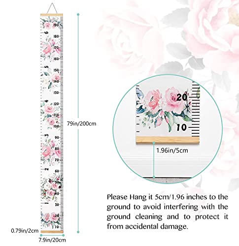 BESSLEE Canvas Kids Growth Chart for Wall, Floral Height Measurement Tracker for Baby Girl, Hanging Ruler with Removable Hook, Nursery Room Playroom Toddler Bedroom Decor, 79”x7.9” Pink