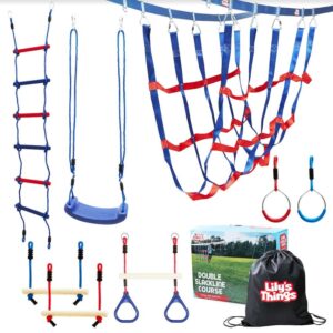 lily's things double slackline obstacle course for kids | 110 foot line ninja warrior obstacle course patented double line design unique outdoor ultimate playground climbing challenge - cargo net set