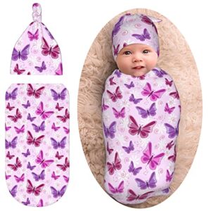 pink butterfly butterflies newborn swaddle blanket baby receiving blankets infant sleep sack wrap soft stretchy muslin with beanie hat for baby shower boy girl gifts