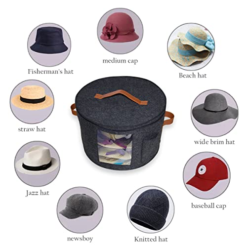 Hat Storage Box for Women and Men, 17"D Large Hat Box with Dustproof Lid & Clear Window, Felt Round Foldable Hat Box Travel Case Portable Hat Organizer Container, Stuffed Animal Toy Storage -Dark Grey